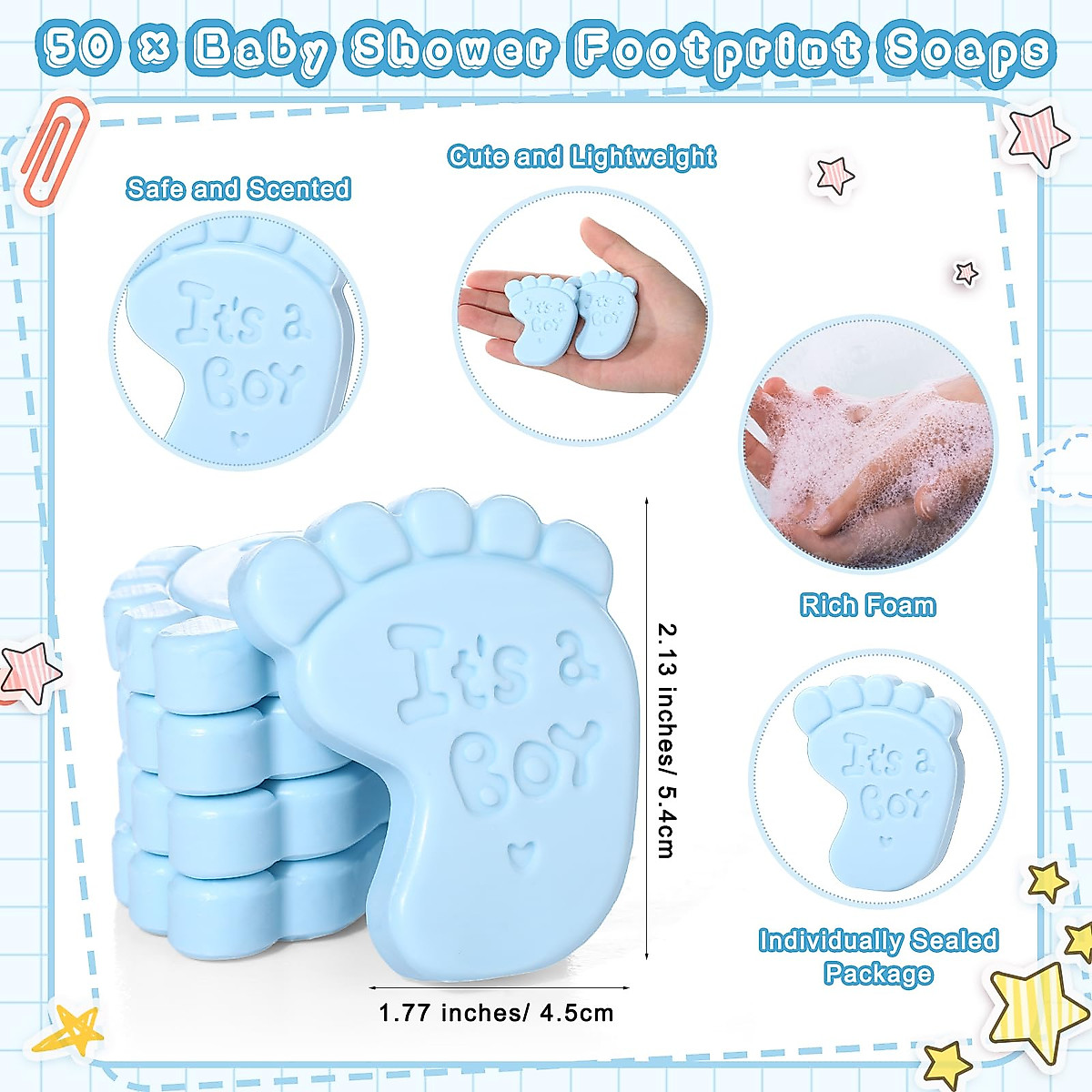 Swiffen 50 Sets Baby Shower Soap Favors for Guests Baby Boy Girl Mini Footprint Soap Handmade Scented Soap with Thank You Tags and Organza Bags Gender Reveal Party Favors (Blue,It's A Boy)