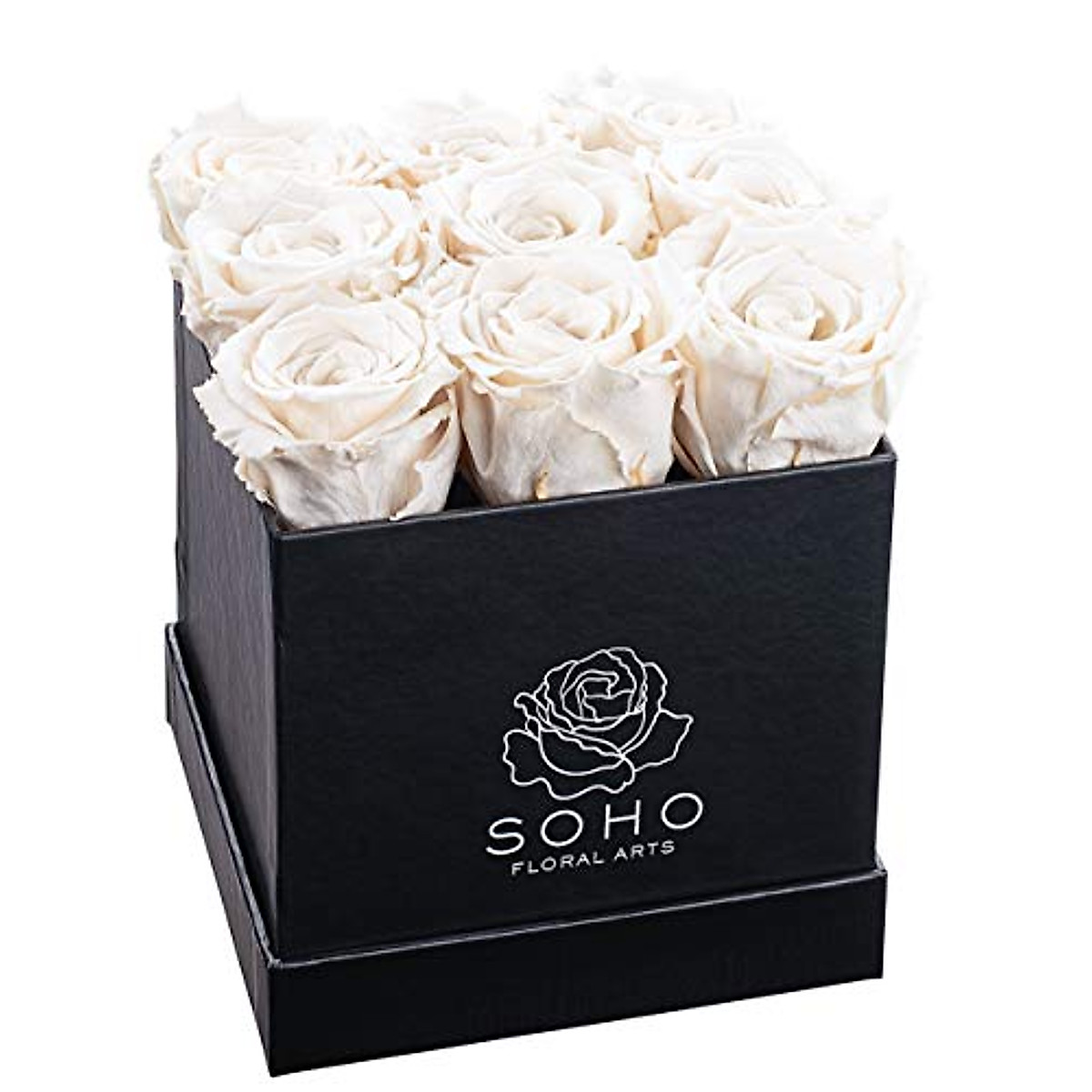 SOHO FLORAL ARTS New Roses Preserved Flowers | Genuine Roses That Lasts for Years | Flowers for Delivery | Large/XL Box (Black Box White Roses 9ct)