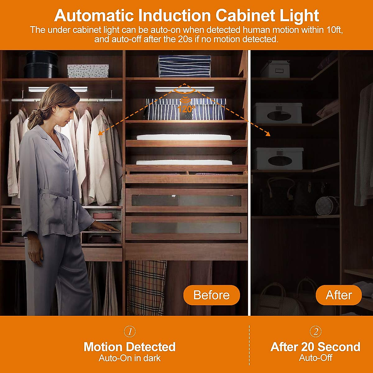 PRIORARE Under Cabinet Lighting Battery Operated Motion Sensor Closet Lights, Wireless Under Counter Lights with 20 LEDs for Kitchen/Cupboard/Stair/Drawer/Refrigerator (3 Packs)…