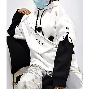 EMILYLE Womens Girls Brown Bear Hoodie Long Sleeve Sweatshirts Cute Pattern Print Kawaii Patchwork Shirts(white-1,XL)