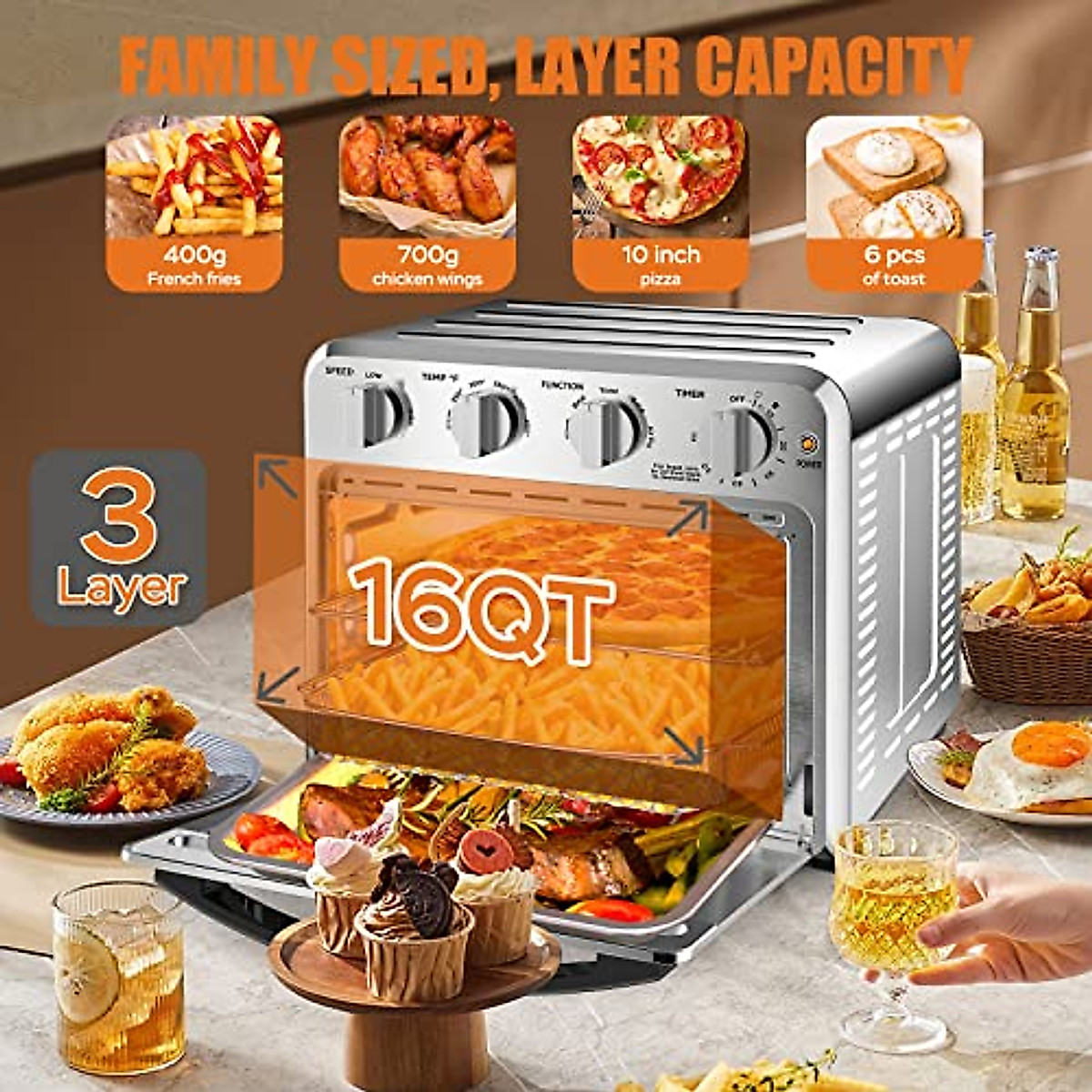 Geek Chef Air Fryer Toaster Oven Combo,16QT Convection Ovens Countertop, 6 Slice Toaster, 10-inch Pizza, whit Warm, Broil, Toast, Bake, Air Fry, Oil-Free, 100+ Online Video Recipes & Accessories, Perfect for Countertop, Stainless Steel