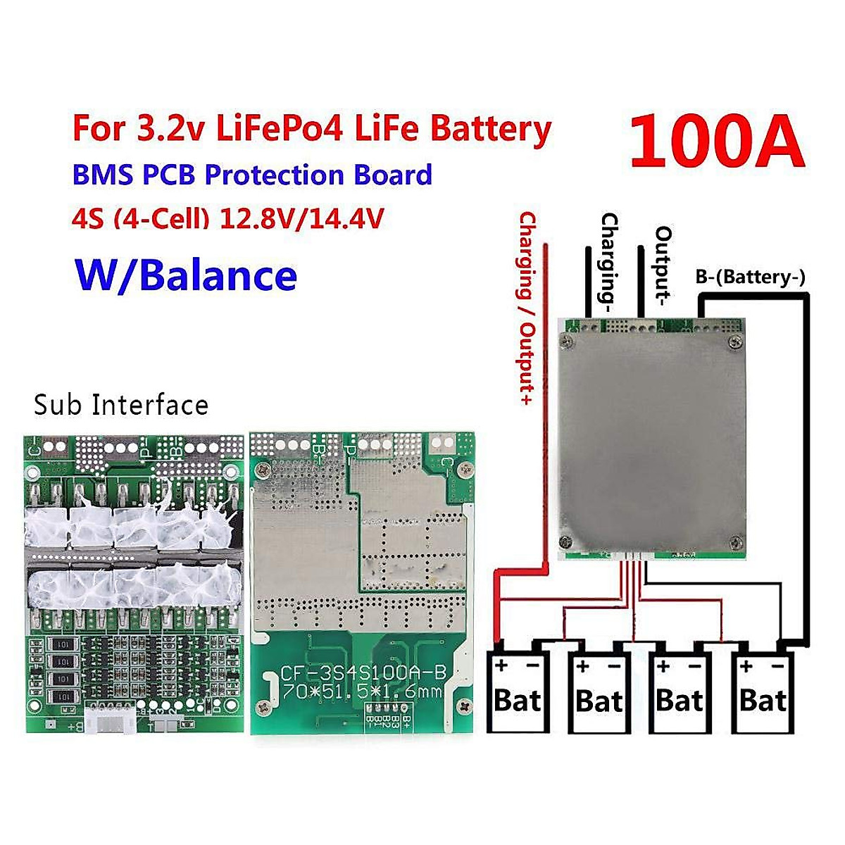Lithium Iron Battery Protection Board, 4S 100A 12V LiFePO4 LFP Batterty Protection Module Board 1pc with The Balance Function
