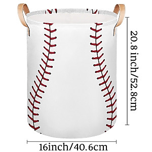 Large Laundry Basket Baseball Texture Laundry Hamper with Leather Handle, Sport Baseball Collapsible Organizer Basket Freestanding Tall Clothes Hamper for Bathroom Bedroom Living Room