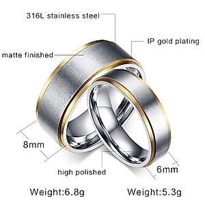 MZZJ Her Forever&His Always Couple Ring 8MM&6MM Black Brushed 2 Tone Stainless Steel Gold Plated Step Edge Wedding Band Engagement Matching Ring for Him Her,Valentine's Day