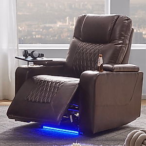 Merax Power Recliner Chair, Leather Lazy Boy Single Sofa with Cup Holders, Tray Table and Storage, 37.8" D x 35.8" W x 42.1" H, Brown