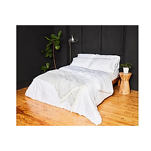 WAADI Queen Duvet Cover Set 4pcs- 100% Cotton Duvet Cover Set Includes: Duvet Cover, Fitted Sheet (Deep Pockets, fits 18in Mattress) & 2 Pillowcases (White, Queen)