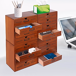 16 Drawer Wooden Storage Box (19.6”x6.89”x19.6”) Cabinet in Walnut Wood Wooden Desk Drawer Unit w/Label Holders & Handles for Living Rooms, Bedrooms, Offices