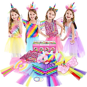 Jeowoqao Girls Princess Dress up Trunk Set 19 Pcs, Girls Rainbow Costume Set, Toddler Girls Dress up Clothes Pretend Play Costumes Set for Little Girl Ages 3 4 5 6