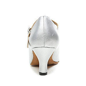 MGM-Joymod Women's Round Toe Mary Janes Mid Heel Leather Ballroom Practice Latin Modern Dance Shoes/Silver 8 M US