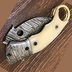 Custom Handmade Damascus Steel Karambit Folding Knife Pocket Knife Everyday Carrying Knife Camel Bone Handle with Leather Sheath