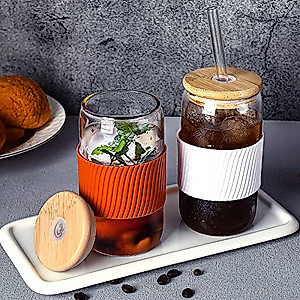 YYC Glass Cups with Lids and Straws 4pcs[Coffee Accessories Gifts],16oz Iced Coffee Cups with Lids-Beer Can Glass with Lids and Straw,Cute Glass Cups Drinking Glasses Set w Silicone Sleeve/Stickers