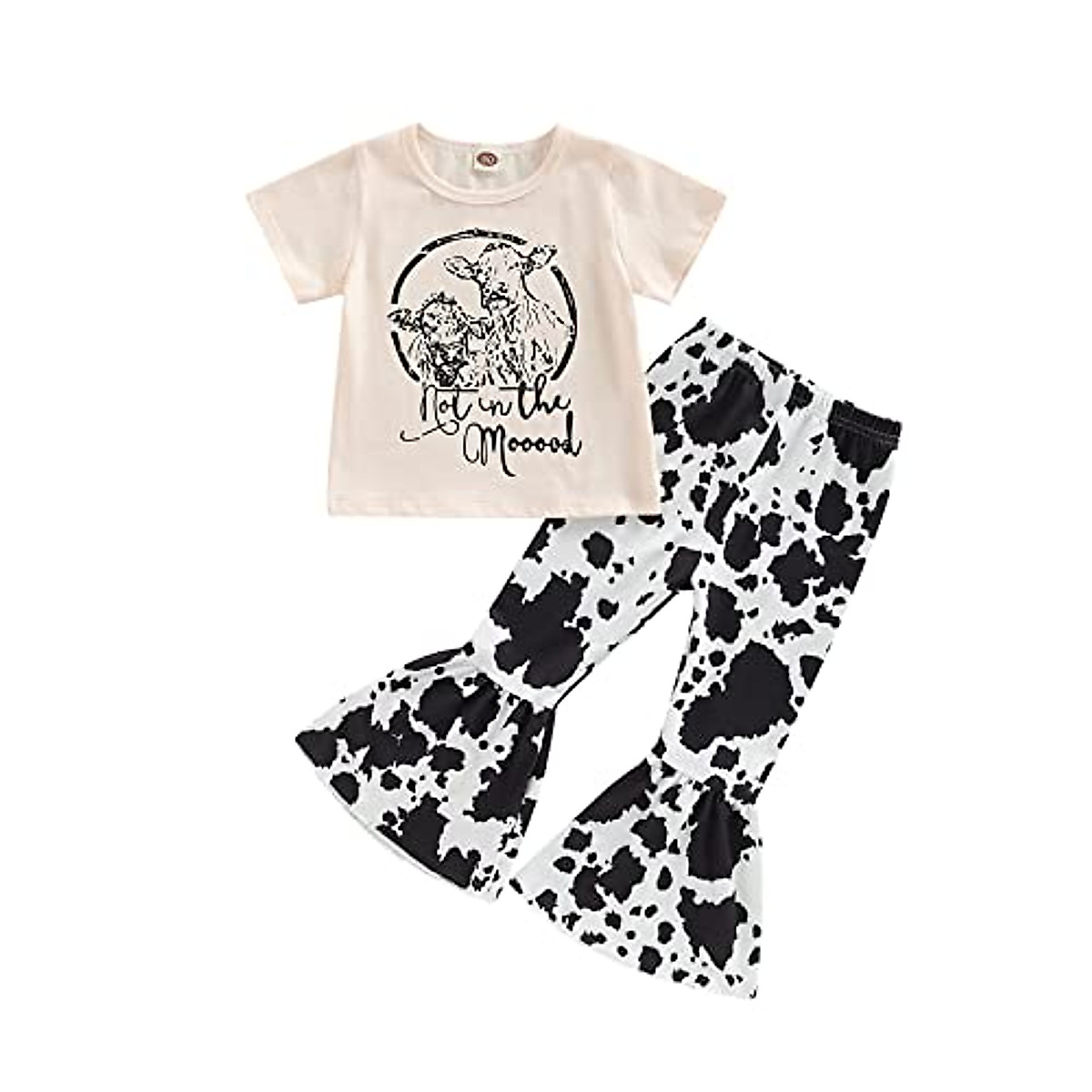 Western Baby Girl Clothes Letters Print Short Sleeve T-Shirt Tops Cow Print Flared Pants Set Bell Bottom Outfit (Beige, 2-3 Years)