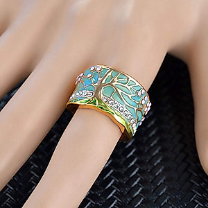 Lucky Flower Tree Rings Gold Pink Opal Green Enamel Wide Ring for Woman Party Crystal Vintage Jewelry Z0006 7