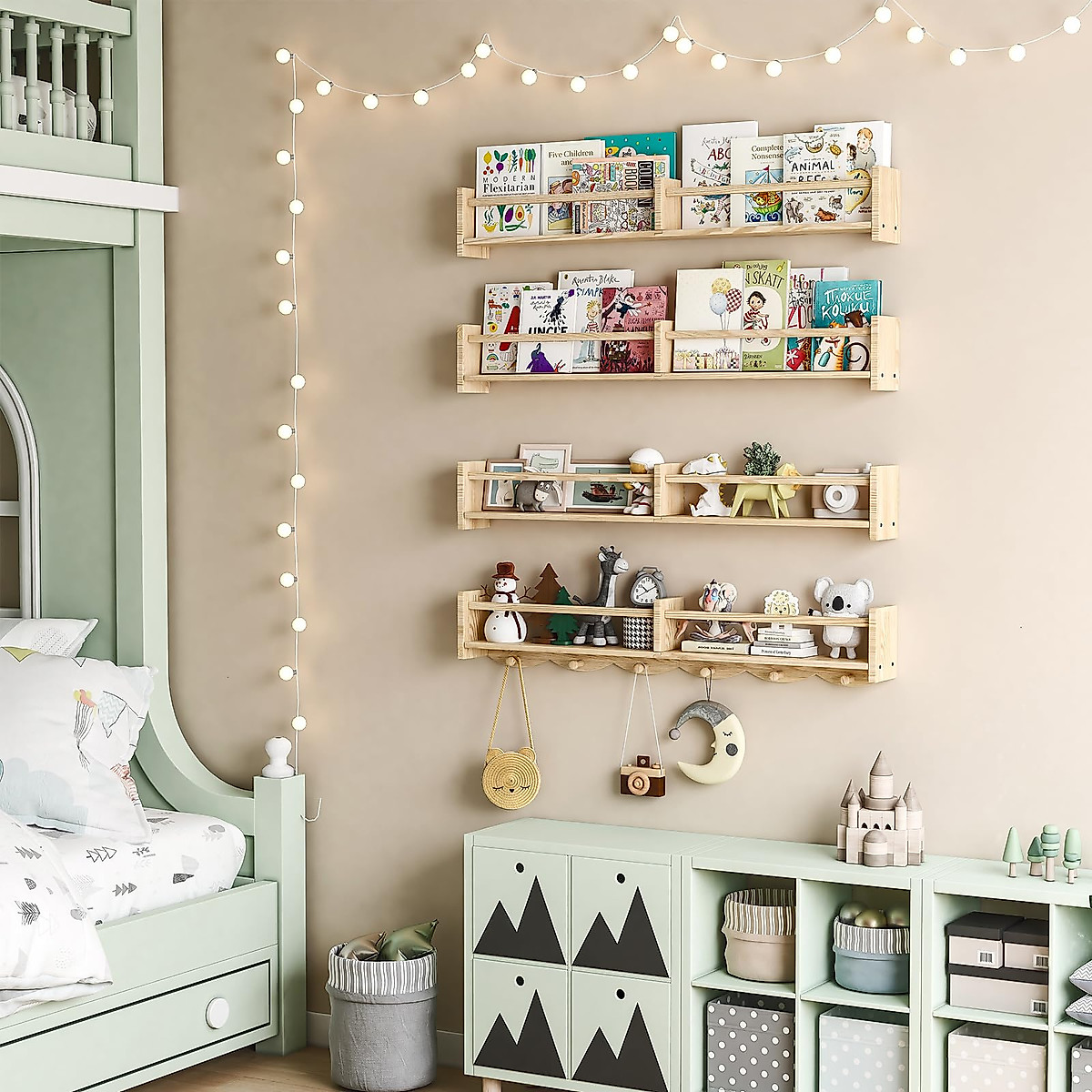 ECOOCE 34Inch Nursery Bookshelves,Set of 4,Wall Floating Shelf Kids Coat Rack with 6Hooks,Hanging Book Shelf for Baby Nursery Room Décor， Patent Number: 29958098(Burlywood, 34)