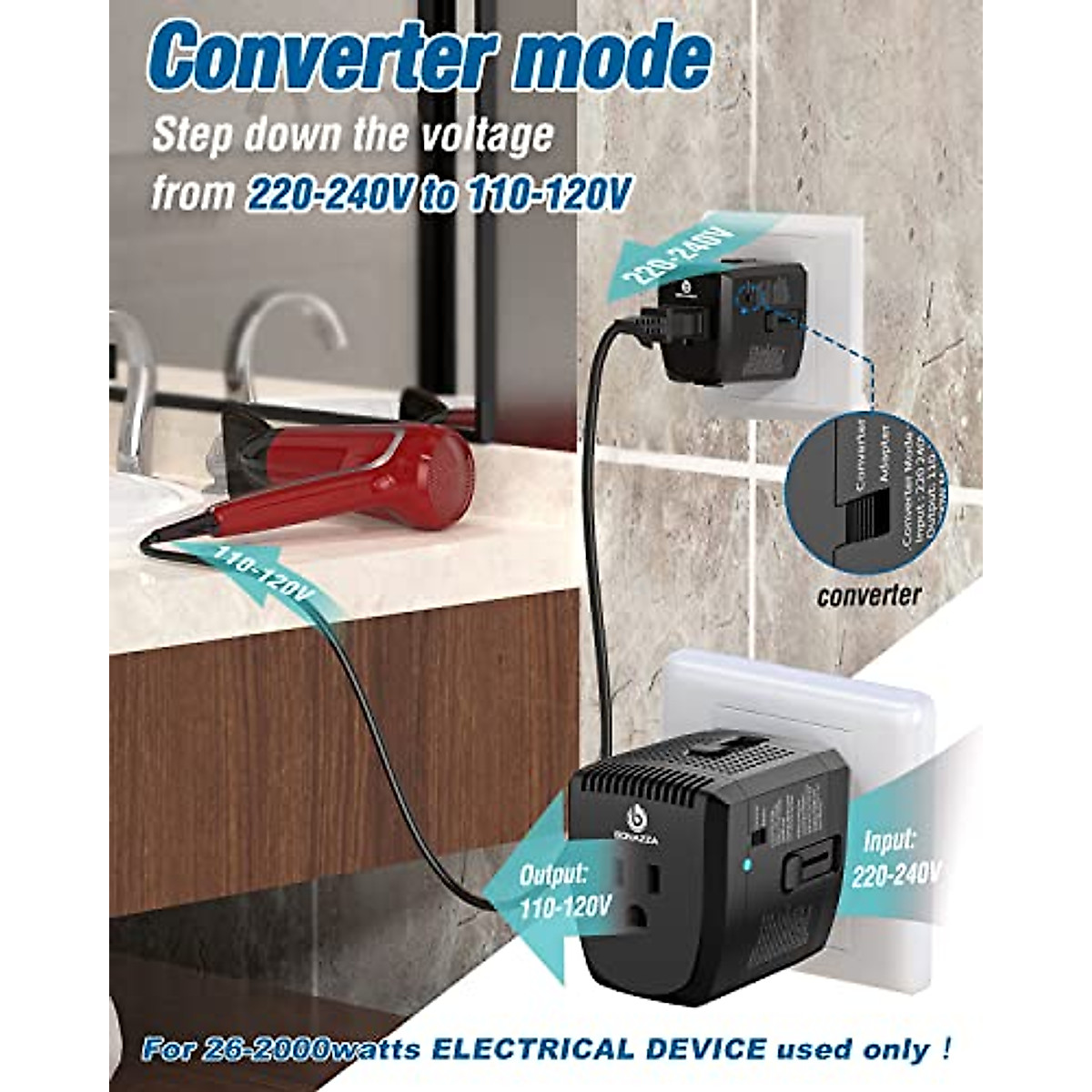 2000Watts Voltage Converter, 220V to 110V Converter, International Plug Adapter, Power Converter Adapter Combo, US to Europe, UK, Israel, Africa Over 150 Countries (DeepBlack)