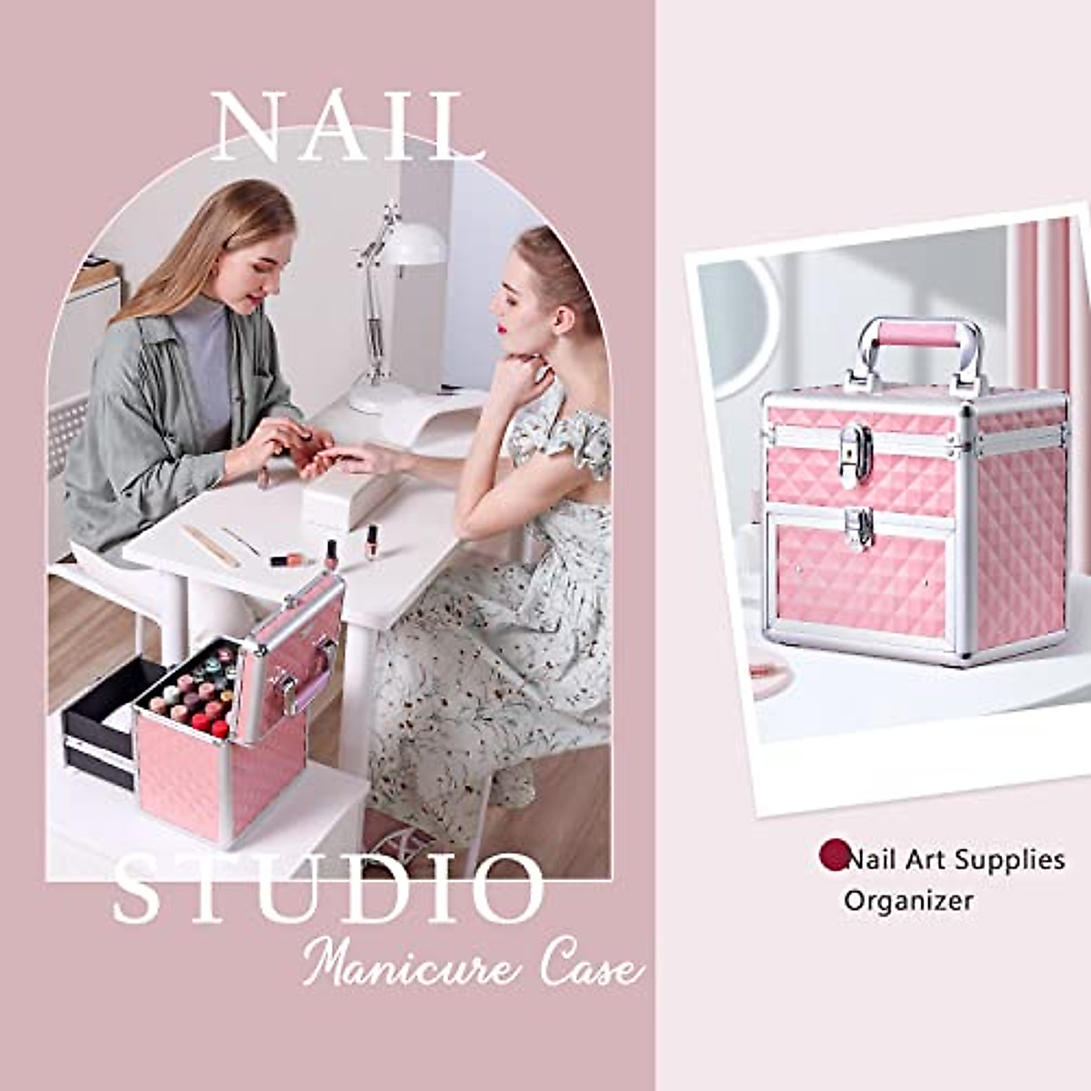 Frenessa Makeup Box Makeup Train Case Cosmetic Storage Organzier Nail Polish Box for Makeup Artist, Nail Tech Student, Craft Cosmetology Case with Mirror Drawer and Dividers Manicure Organizer Travel