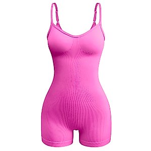 OQQ Women's Yoga Ribbed One Piece Spaghetti Strap Sleeveless Top Romper, Rose, Small