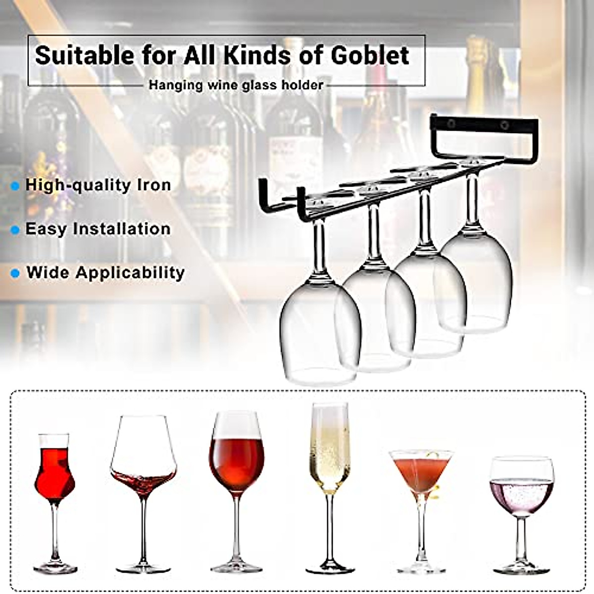 2Pcs Stemware Wine Glass Rack Wall Mountable, Metal Wine Glasses Holder Under Cabinet Organization, Hanging Wine Cup Display Stand for Cabinet Kitchen Bar (Black)