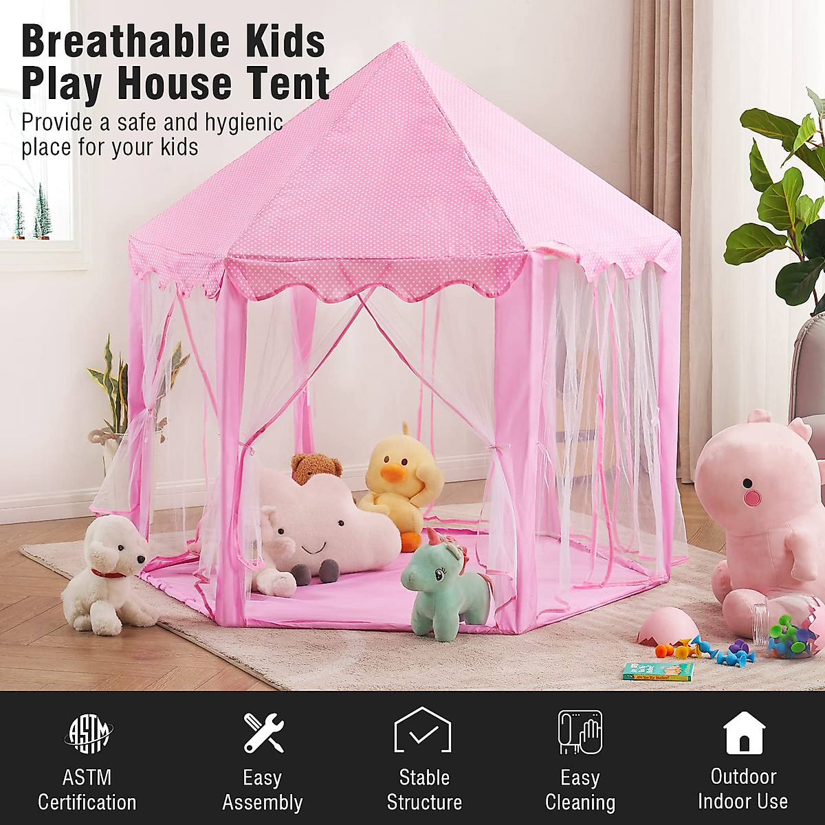 Princess Tent for Kids - Castle Playhouse Tent with LED Star Lights – Large Kids Play Toys for Indoor & Outdoor – 55"x53" Pink