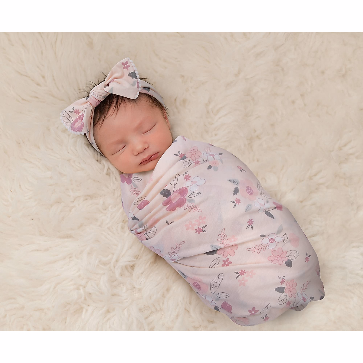 Wendy Bellissimo Super Soft Swaddle Receiving Blanket (35x40) with Hat or Headband for Baby Boy or Baby Girl (Pink Floral)