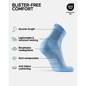DANISH ENDURANCE 3 Pack Running Socks for Long Distances, Quarter, Men & Women, Light Blue, US Women 8-10 // US Men 6.5-8.5