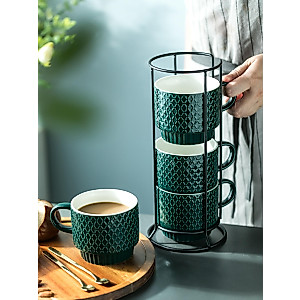LYEOBOH Coffee Mug Set Porcelain Stackable Coffee Mugs with Stand and Spoons, 13 OZ. Cappuccino Cup Demitasse Cups for Drinks, Espresso, Latte,Set of 4, Dark Green
