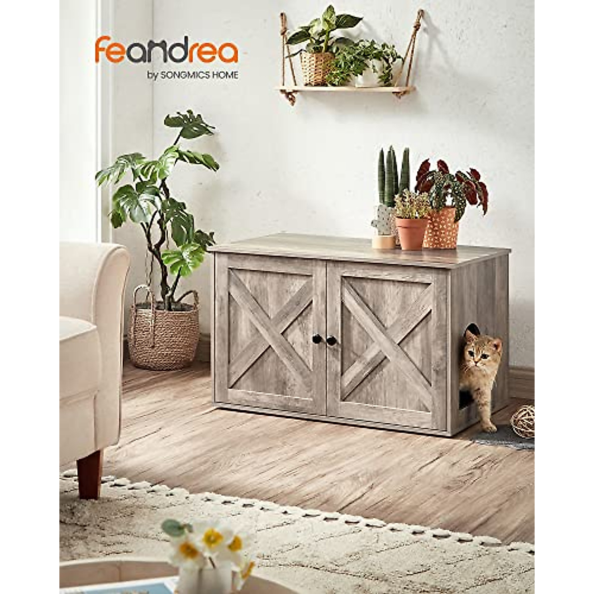 Feandrea Cat Litter Box Enclosure, Litter Box Furniture Hidden with Removable Divider, Indoor Cat House, End Table, 31.5 x 20.9 x 19.7 Inches, Greige UPCL002G01