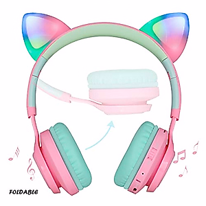 Riwbox CT-7 Cat Ear Bluetooth Headphones, LED Light Up Bluetooth Wireless Over Ear Headphones with Microphone and Volume Control for iPhone/iPad/Smartphones/Laptop/PC/TV (Pink&Green)