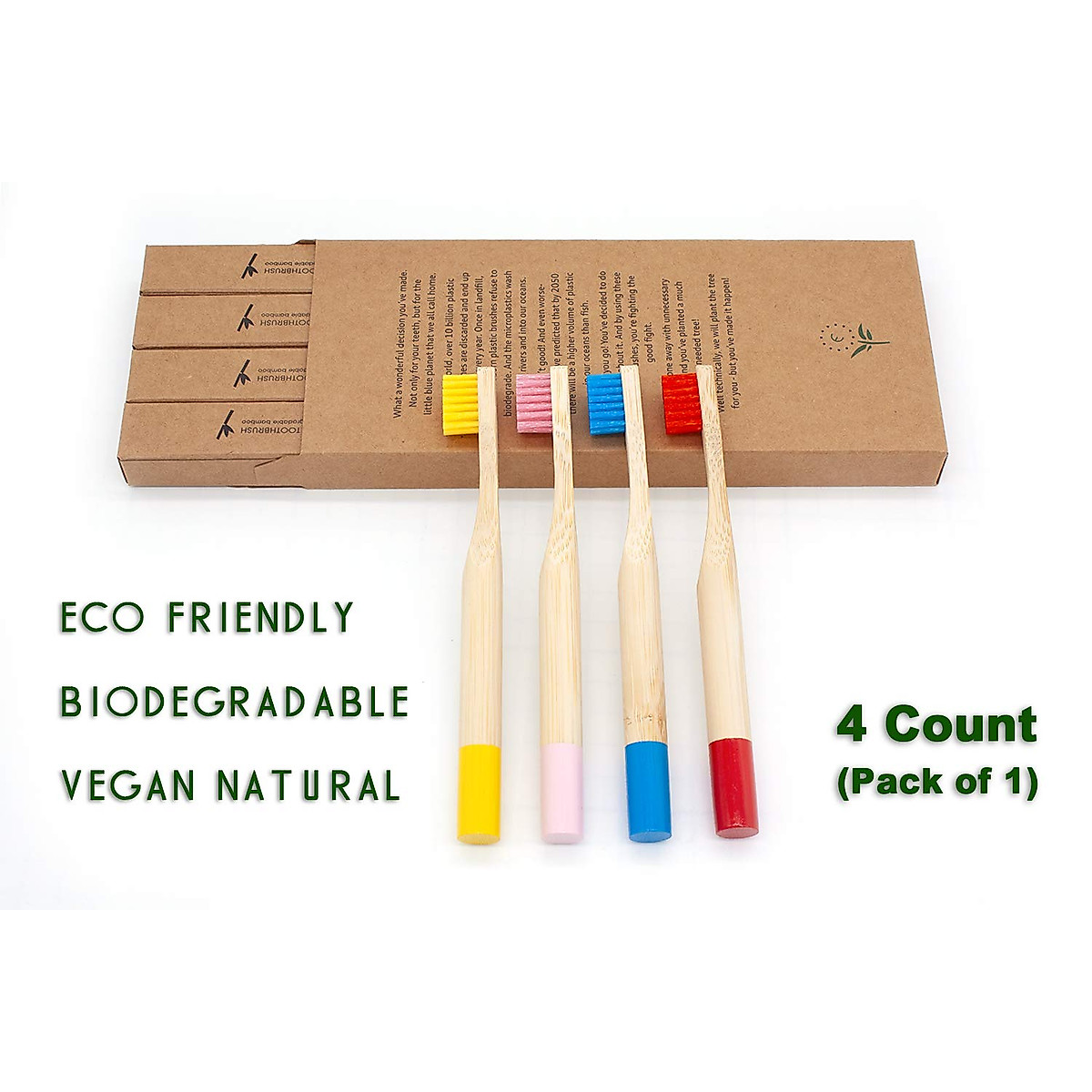 Virgin Forest Kids Bamboo Toothbrushes, Child Size Soft BPA Free Colored Safe Bristles (4 Pack)