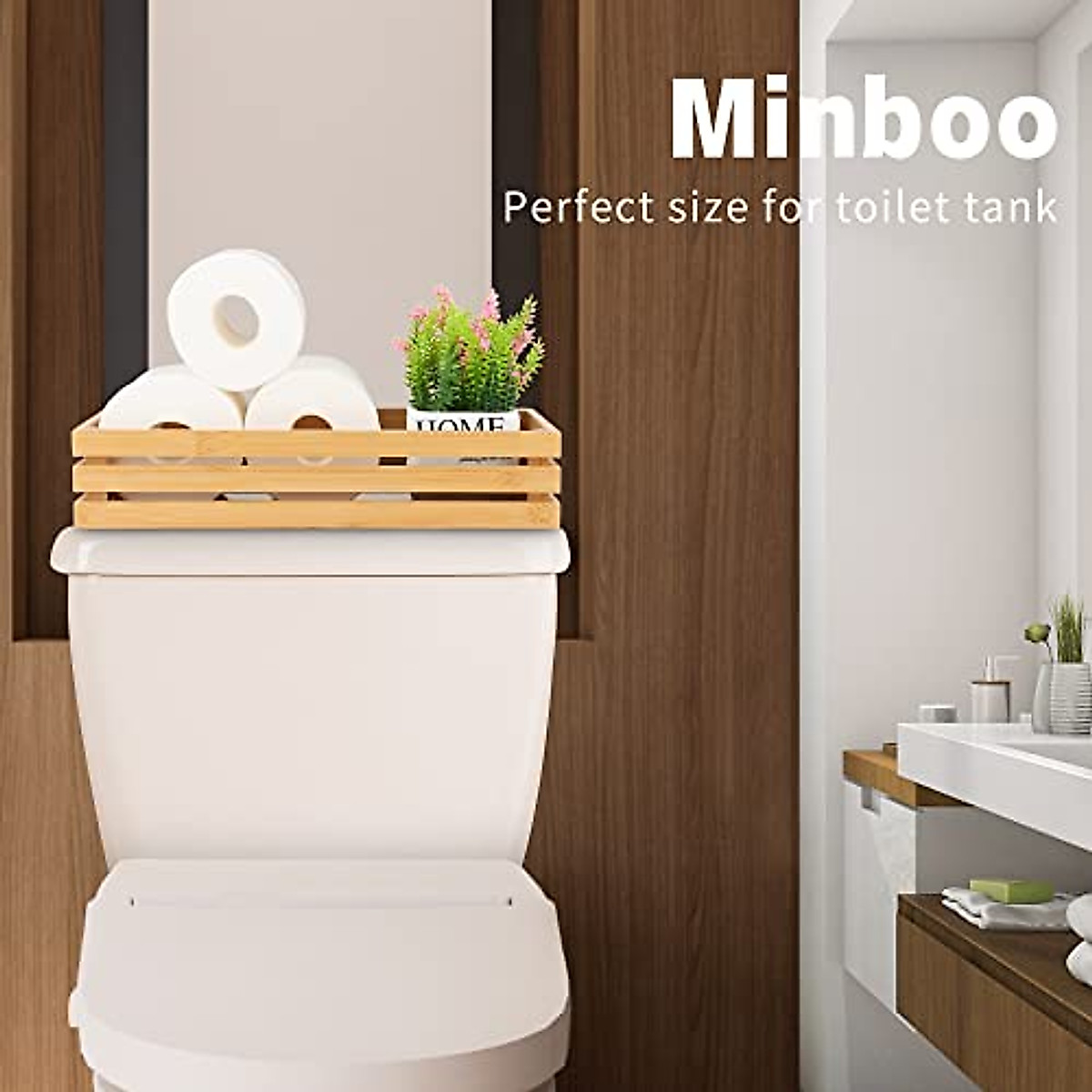 MinBoo Bamboo Toilet Paper Basket Toilet Tank Top Toilet Paper Storage Bathroom Trays for Counter Bamboo Bathroom Accessories for Bathroom Decor Bamboo Storage Basket