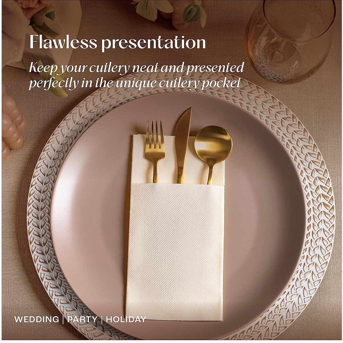 50-Pack Disposable Linen-Feel Dinner Napkins With Built-in Flatware Pocket, BLUE Prefolded Cloth Like Paper Napkins For Wedding, Dinner Or Party