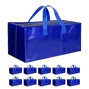 10 Pack Oversized Heavy Duty Moving Bags with Backpack Straps, Strong Handles & Zippers, Extra Large Storage Tote Moving Boxes for Space Saving, Blue