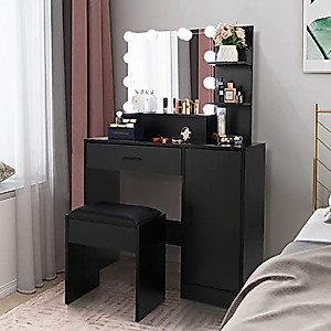 Large Vanity Set with 10 LED Bulbs Makeup Table with Cushioned Stool Makeup Desk with Open Storage Shelves Vanity Table with Cabinet Drawer Chest Dressing Table for Women Girls
