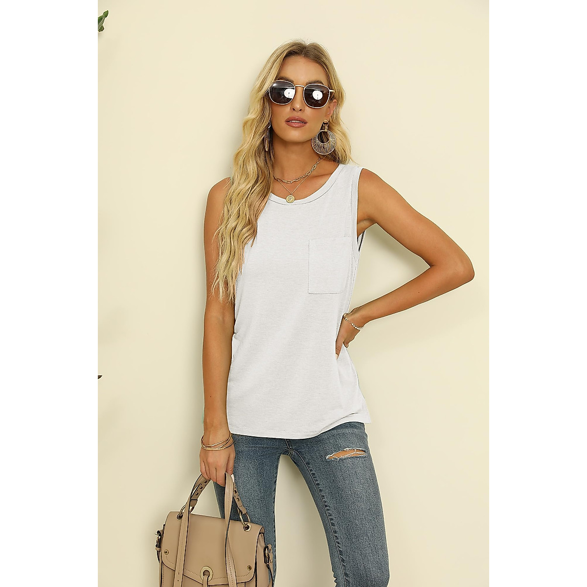 TECREW Women's Summer Sleeveless Crew Neck Tank Tops Casual Basic T Shirts Blouse White