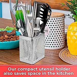Stainless Steel Utensil Holder for Kitchen Counter - Perforated Kitchen Utensil Holder for Countertop Chopstick Spoon Spatula Holder Dryer Rack with Hooks - Utensil Caddy for Cooking Utensils Holder