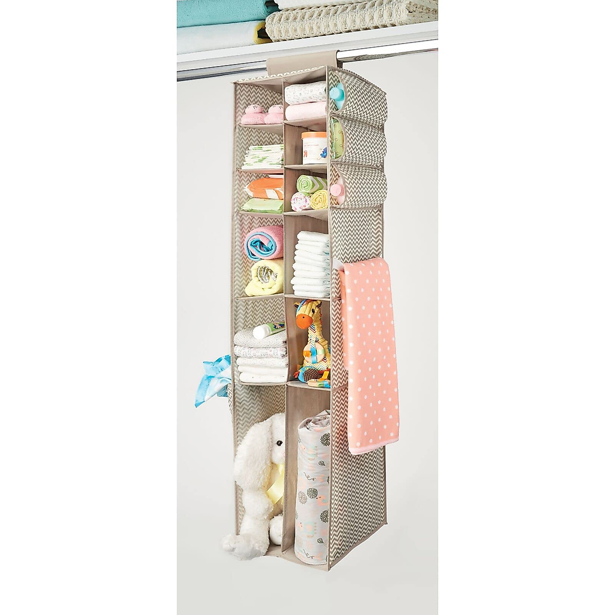 mDesign Long Soft Fabric Over Closet Rod Hanging Storage Organizer with 12 Divided Shelves, Side Pockets for Child/Kids Room or Nursery, Store Diapers, Wipes, Lotions, Toys - 2 Pack - Taupe/Natural