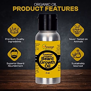 Savage Organics - Premium Organic Beard Growth Oil: Nourishing Beard Growth Serum, Infused with All-Natural Organic Ingredients to Boost Beard Growth - 2 oz Bottle