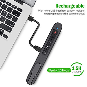 Air Mouse Green Light Presentation Remote Control USB Rechargeable Presentation Clicker Wireless Presenter RF 2.4 GHz Powerpoint Clicker Slide Advancer Changer Mac/Laptop/Computer