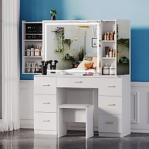 GLAUBIO Vanity Desk Set with Large LED Lighted Mirror, Brightness Adjustable,Vanity Table with Drawer,Sliding 1 Storage Wall-Mounted Jewelry,2 Shelves for Bedroom,Lots Storage Shelves, White