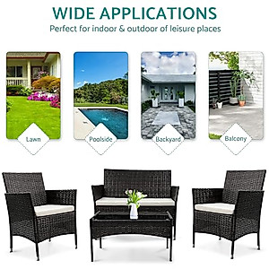 TINKLE WELL Patio Furniture Set, 4 Piece Sectional Conversation Sofa, Outdoor Wicker Rattan Table and Chairs with Thick Cushion for Garden, Yard, or Porch