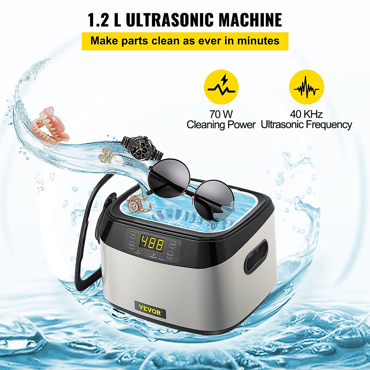VEVOR Ultrasonic Machine, 1.2L Ultrasound Cleaner Machine, 40KHz Diamond Cleaner, 4 Buttons Jewelry Cleaner Machine, 70W Professional Ultrasonic Cleaner for Jewelry, Eyeglasses, Watches, Coins, Rings