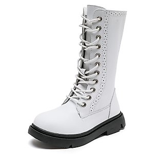 DADAWEN Boys Girls Leather Lace-Up Waterproof Side Zipper Mid Calf Combat Riding Winter Boots (Toddler/Little Kid/Big Kid) White US Size 2 M Little Kid