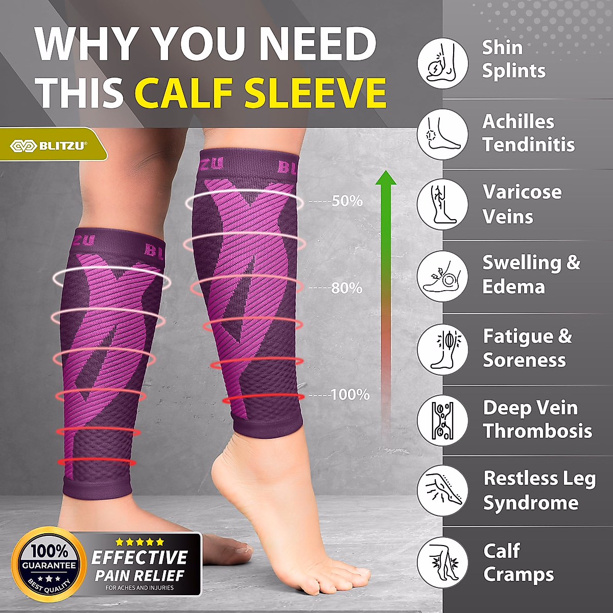 BLITZU Calf Compression Sleeve for Women and Men, Shin Splint Sleeves for Varicose Veins, Nursing, Pregnancy, Running, Footless Compression Socks Support for Calf Muscle Pain Relief Purple L-XL