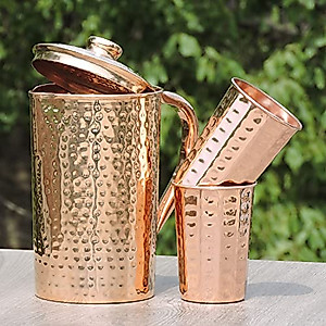 Ancient Impex Pure Copper Hammered Pitcher with Two Copper Mugs for Storing and Drinking Water | Ayurvedic Pure Copper Hammered Jug Capacity 57.48 fl oz. with Matching Lid and Two Matching Cups