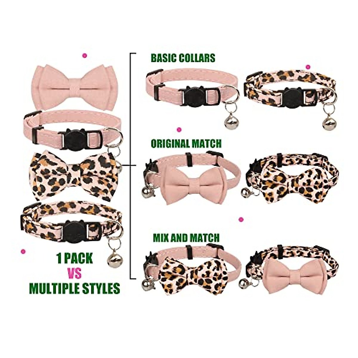 Gyapet Collar for Cats Pets Breakaway with Bell Bowtie Floral Bow Detachable Adjustable Safety Puppy 2pcs Pink Leopard & Pure