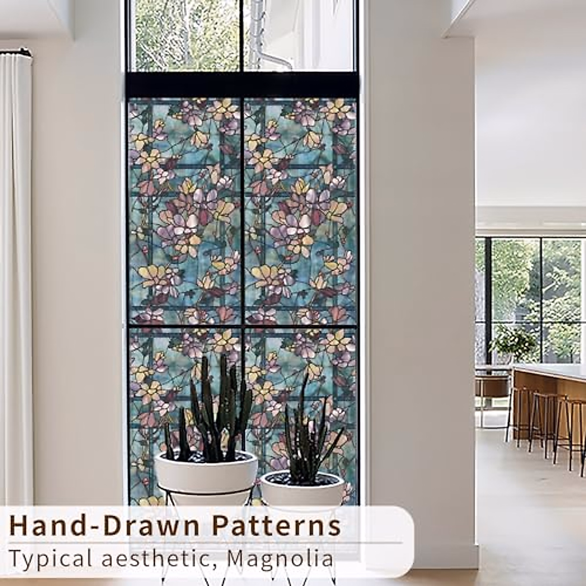 funlife Double-Sided Privacy Floral Stained Glass Window Film, Removable Frosted Texture Flower Static Window Cling Glass Covering Window Decor Suitable for Entryway, Blue Magnolia 11.8"X118"