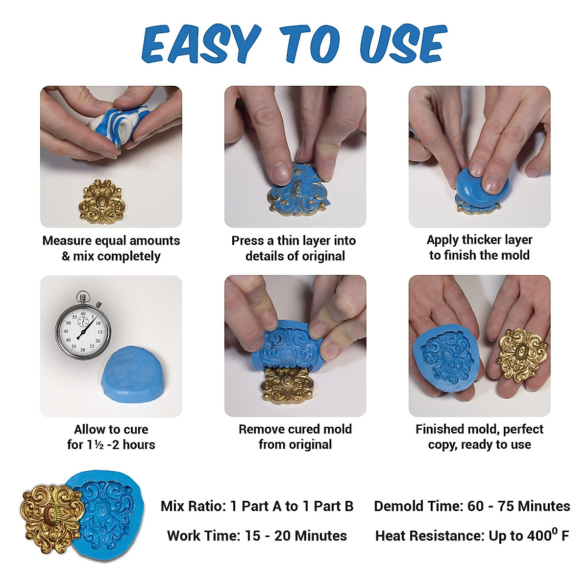 Silicone Plastique DIY Silicone Mold Making Kit, Super Easy 1:1 Mix Putty, 3/4 Lb, Makes Strong, Reusable Silicone Molds, Food Grade, Non-Toxic, for Chocolate, Candy, Fondant, Resin, Plaster, Soap