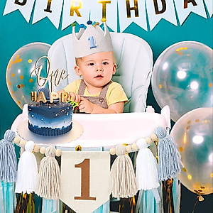 Baby Boy First Birthday Party Decorations Blue High Chair Banner 1st Birthday Crown Cake Topper 1st Birthday Decor