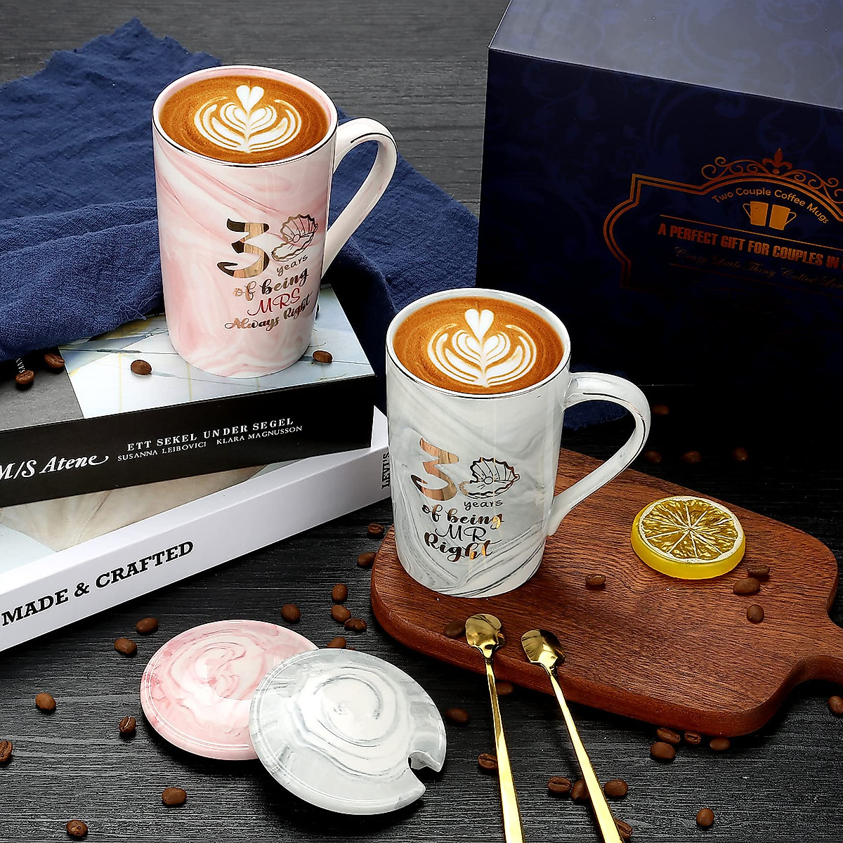 Sovyime 30 Years of Being Mr Right and Mrs Always Right Wedding Marriage Anniversary Cup for Couple Ceramic Marble Coffee Mugs - 14 Oz (30th Anniversary)