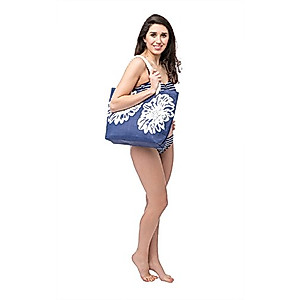 Beach Bag Tote Bags for Women Ladies Large Summer Shoulder Bag With Pocket Carrier Bag Flower (BLUE)